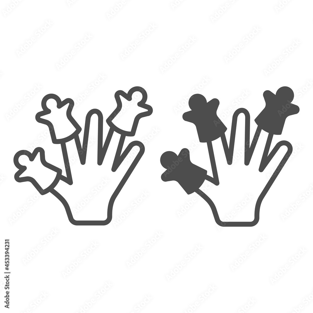 Hand wearing finger puppets line and solid icon, theater concept ...