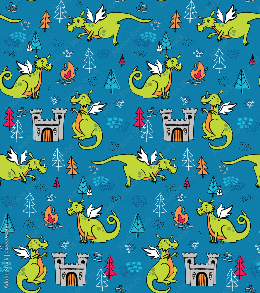 Hand-drawn dragons flying around a medieval scene with fire, forests ...