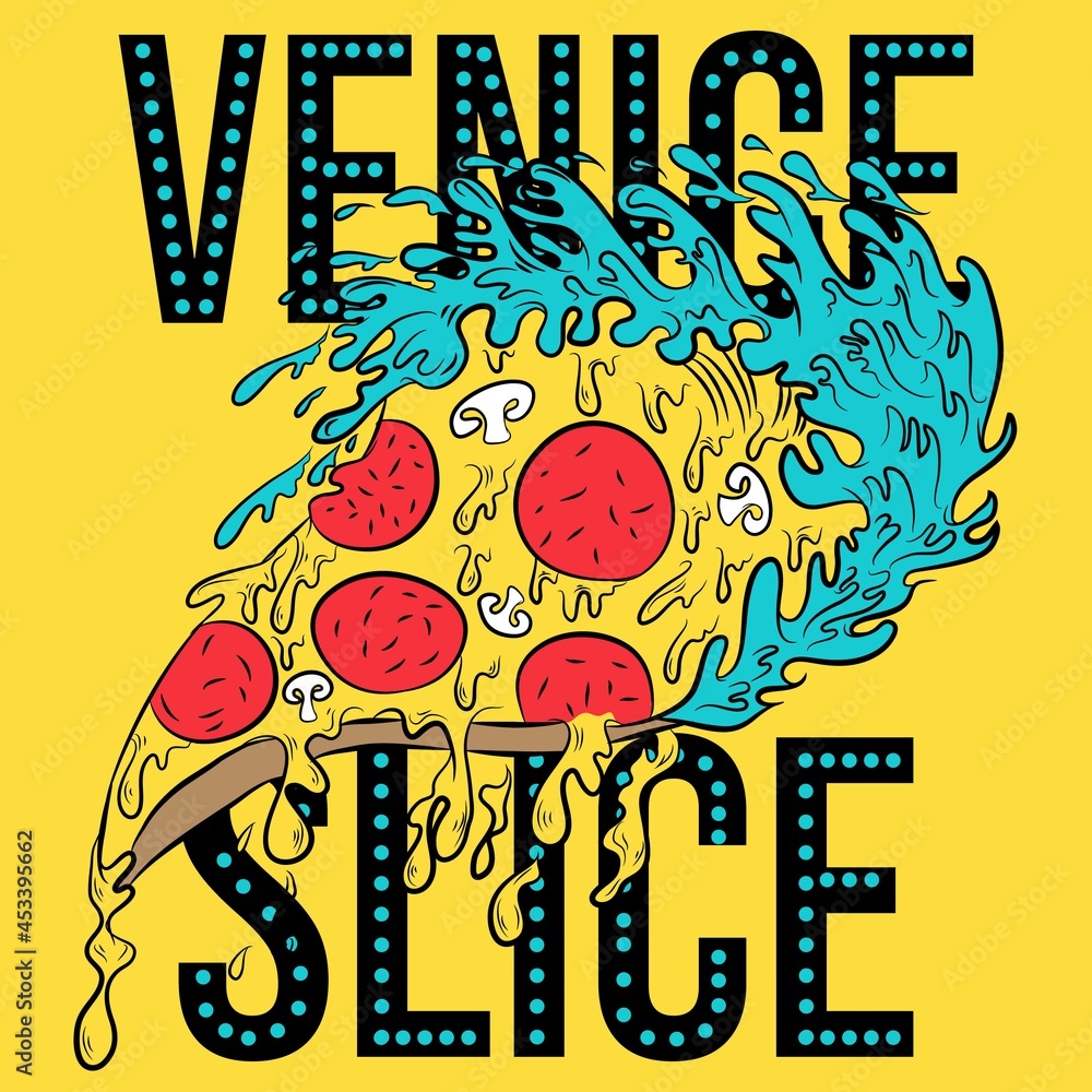 wave shaped pizza and text venice slice with yellow background Stock ...