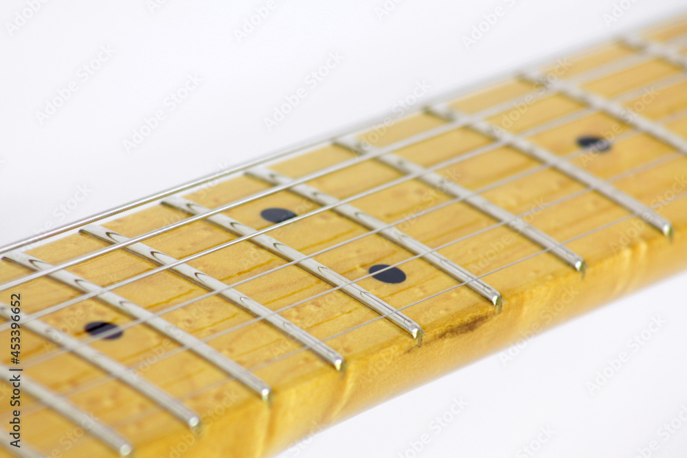 Guitar frets, markers, strings and black dots on white background Stock ...
