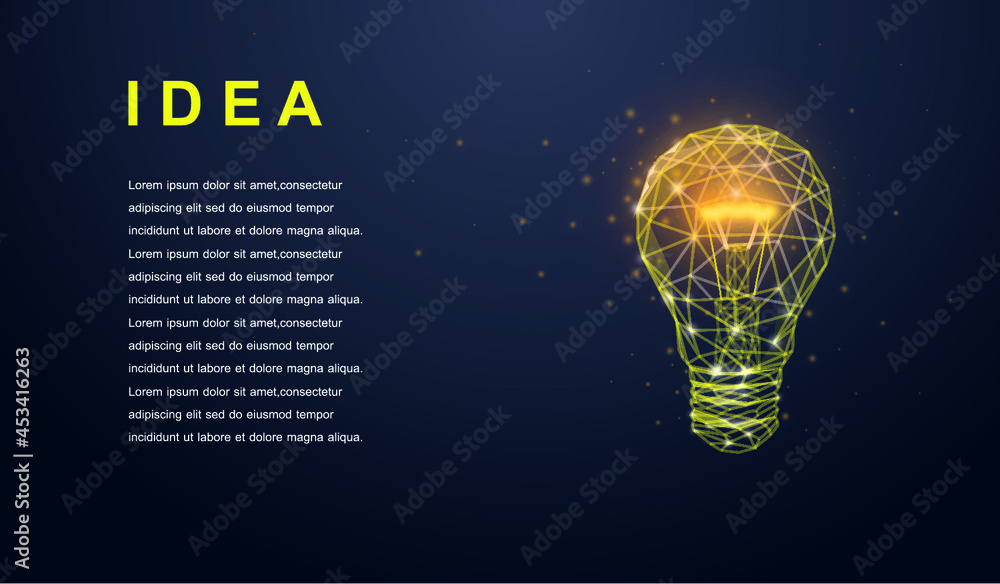 Vector Incandescent lamp with bright light. Low poly wireframe and ...