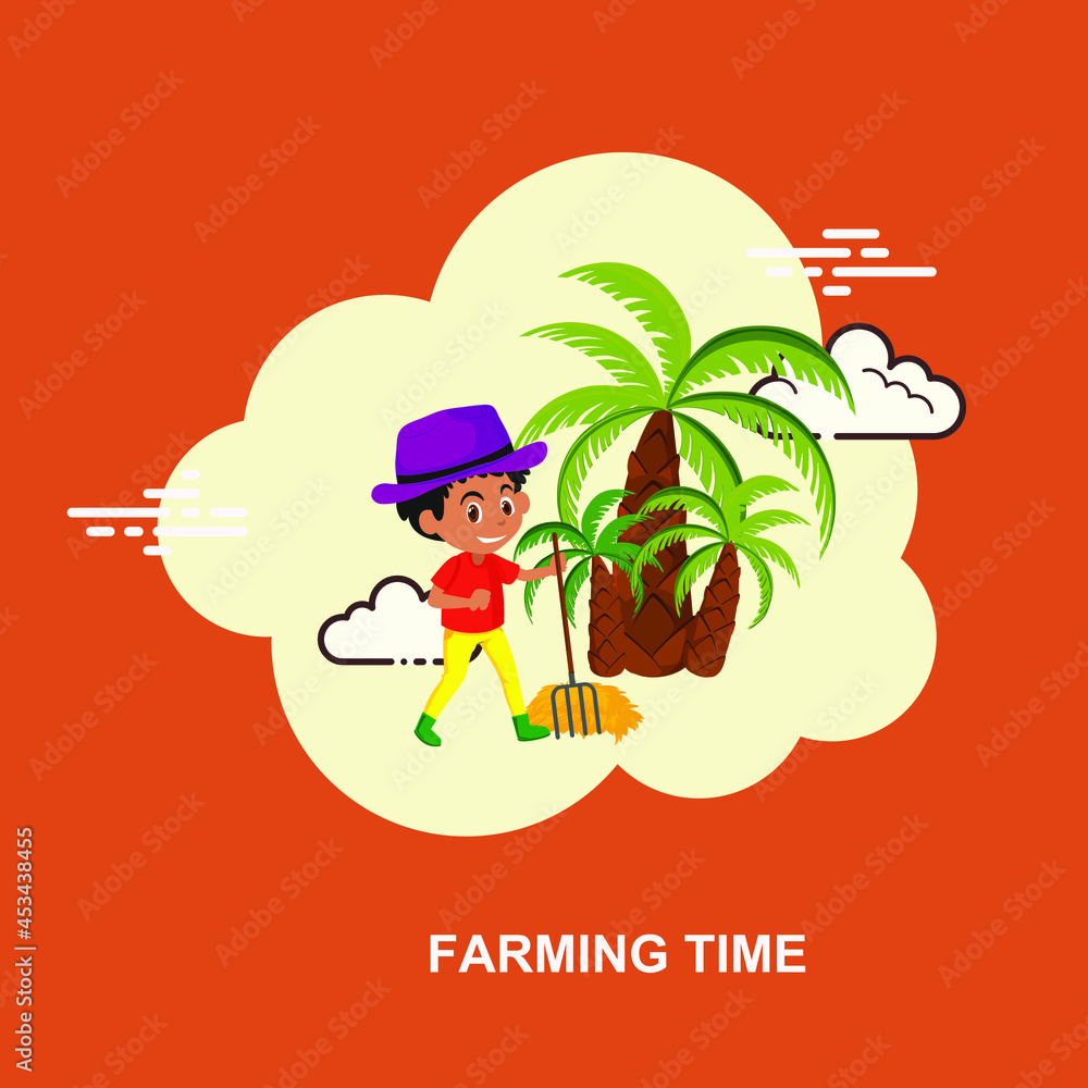 Farming time with young kid holding shovel and doing farming flat ...