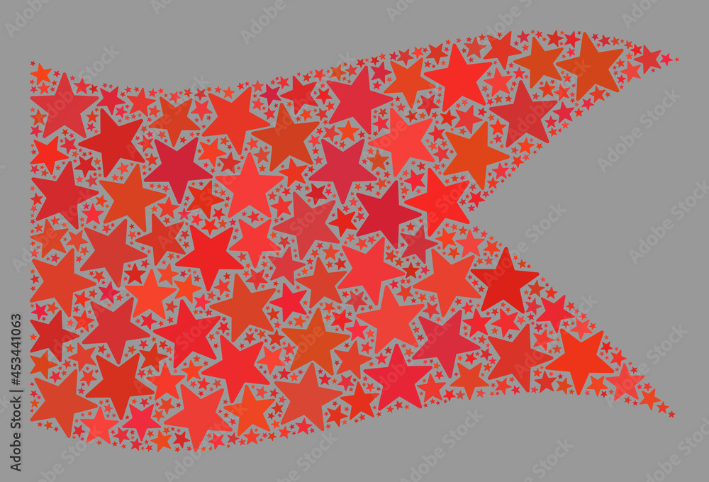 Mosaic waving red guidon flag designed with star elements. Vector ... Mosaic waving red guidon flag designed with star elements. Vector ...