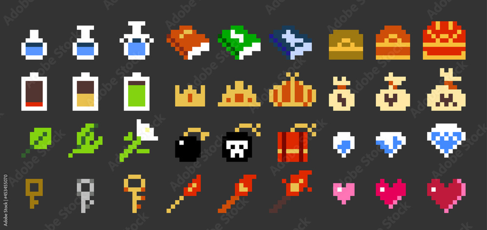 Pixel art vector game item icon set (8bit-color) Stock Vector | Adobe Stock