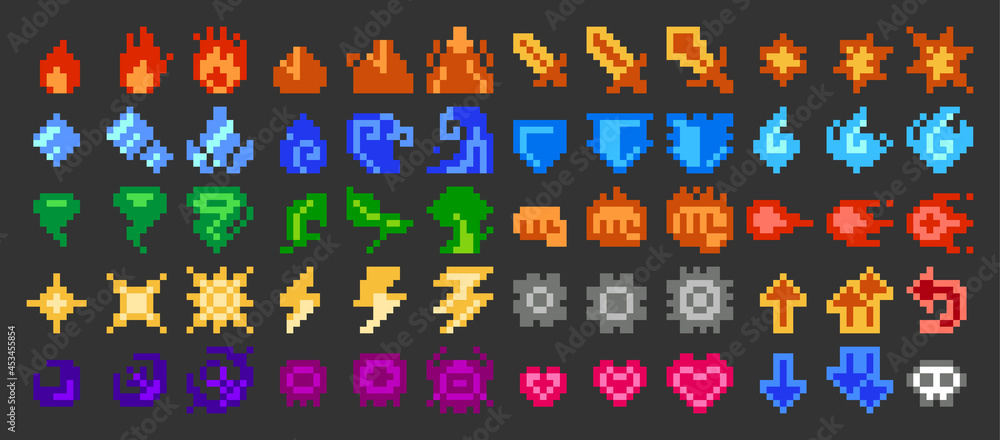 Pixel art vector game elemen and skill icon set (8bit-color) Stock ...