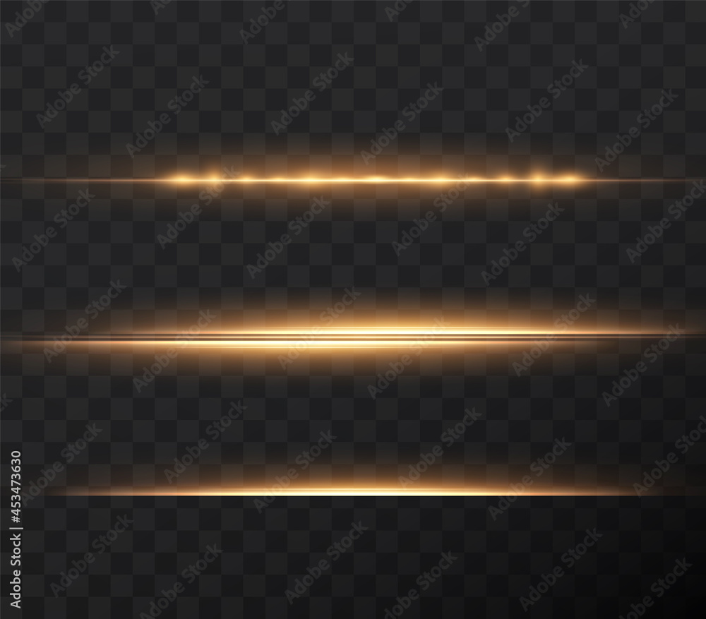 Gold horizontal lens flares pack. Laser beams, horizontal light rays ...