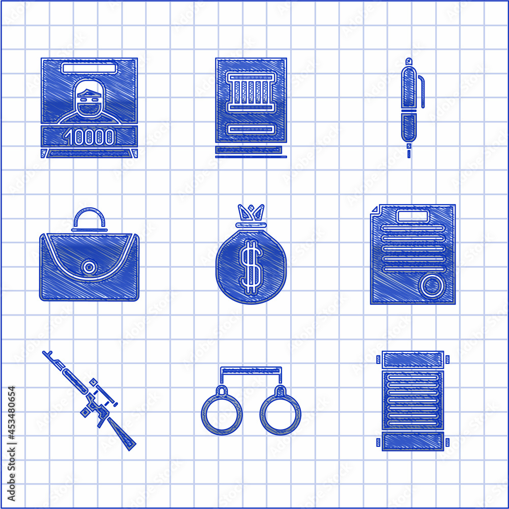 Set Money bag, Handcuffs, Decree, paper, parchment, scroll, The arrest ...