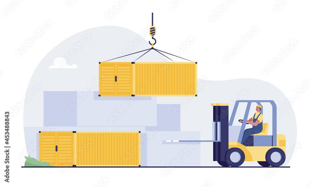 Forklift raising a freight container into storage. Stock Vector | Adobe ...
