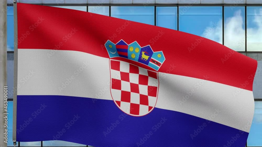3D, Croatian flag waving on wind with modern skyscraper city. Croatia banner blowing smooth silk ...