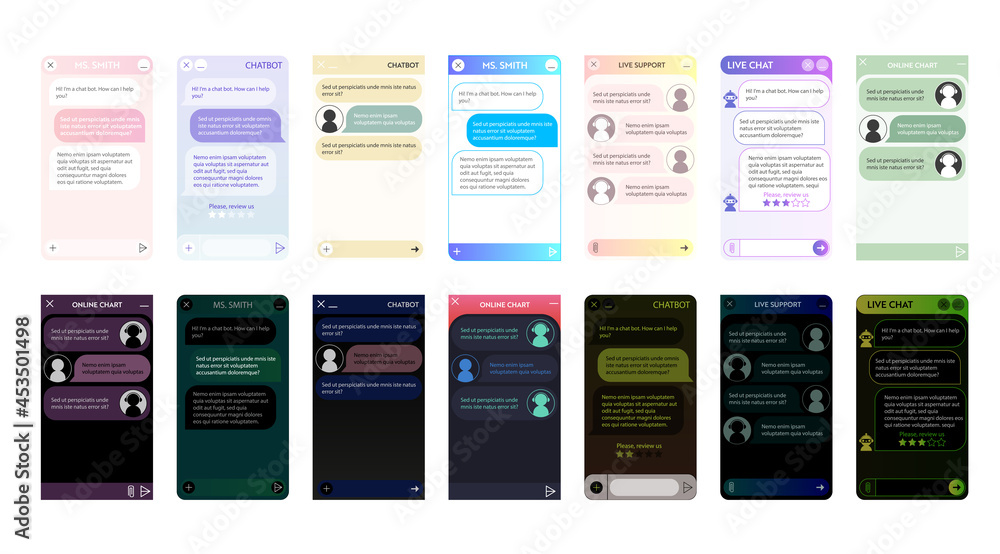 Chatbot window set. Dark and light mode. User interface of application ...