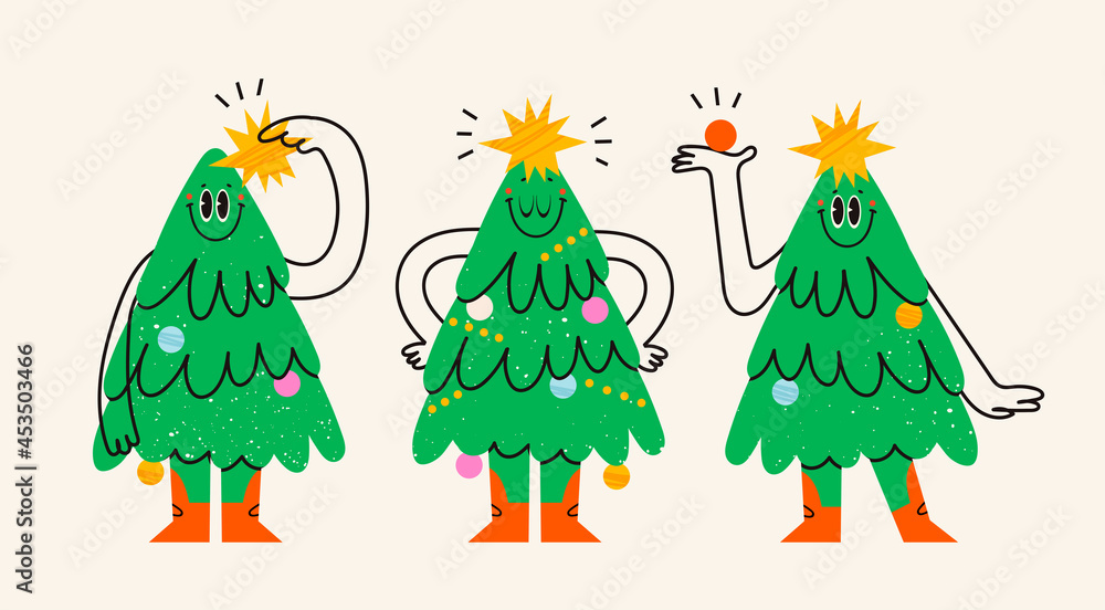 Set of funny isolated Christmas trees. Characters with smiling faces ...