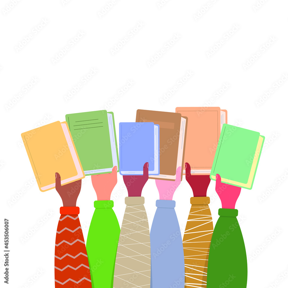 The hands of different people are holding many books up. Concept: love ...