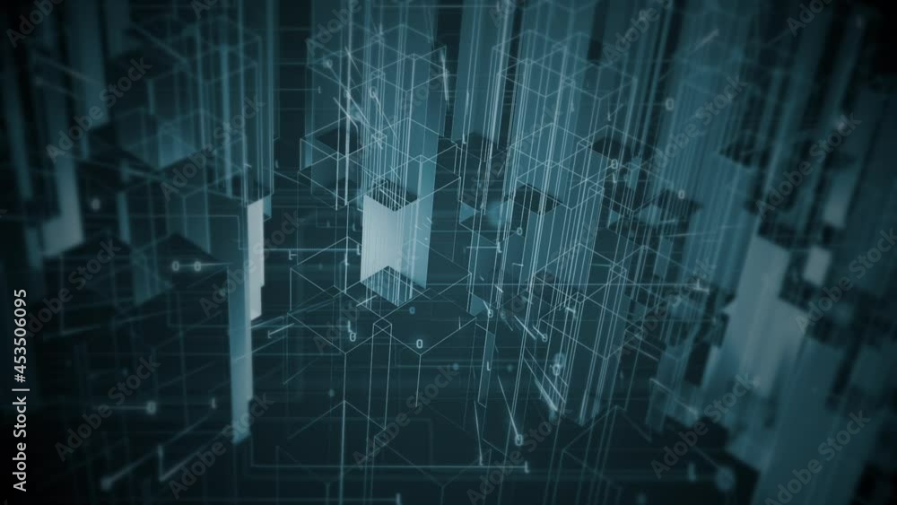 Technology motion background with blue wireframe shapes in the style of ...