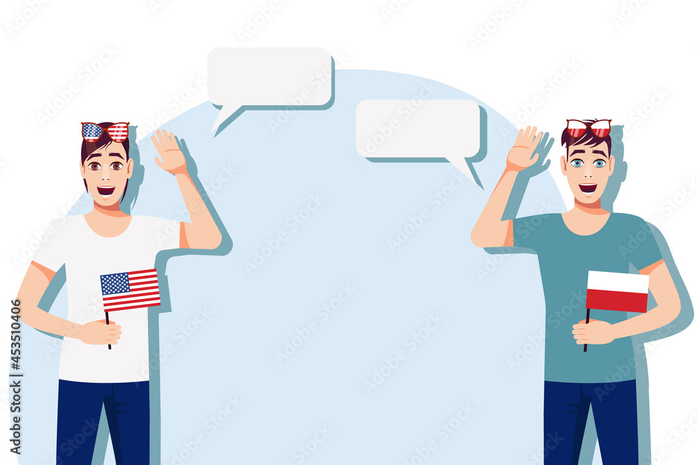 Men with American and Polish flags. Background for text. Communication ...