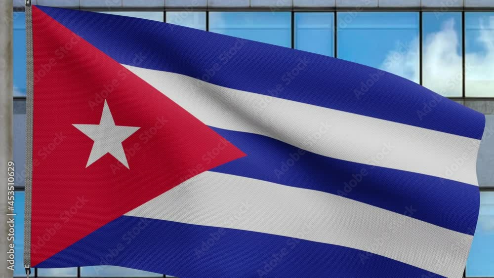 3D, Cuban flag waving on wind with modern skyscraper city. Cuba banner ...