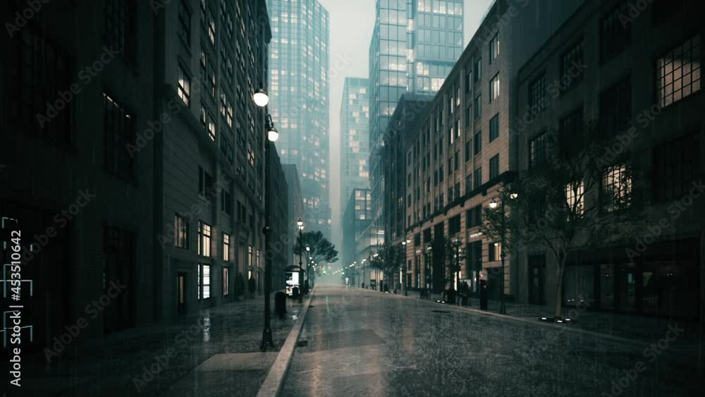 Empty city streets in the rain. Heavy rain in the city. 3d ...
