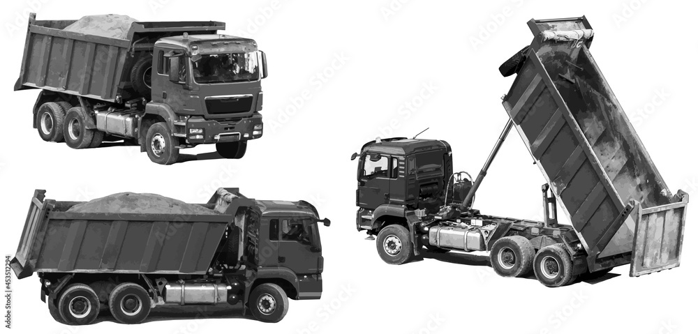 Dump trucks transport and empty the earth from the body. Monochrome set ...