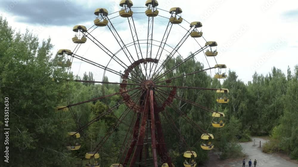 Chernobyl ferries wheel fairground from drone view. Abandoned amusement ...
