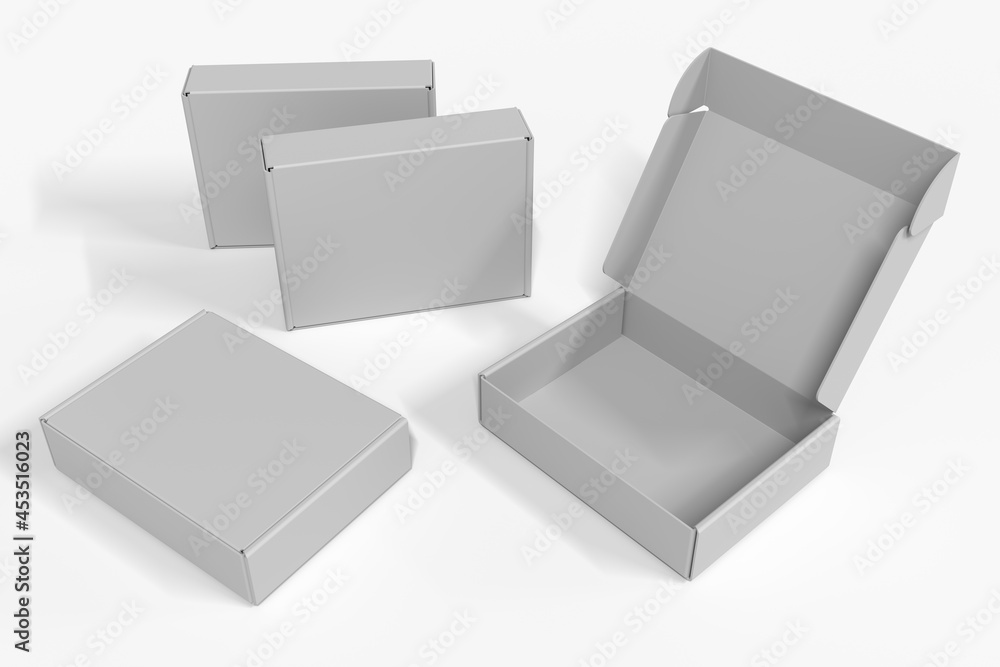 Four white mock-up boxes, empty open and closed. Isolated white ...