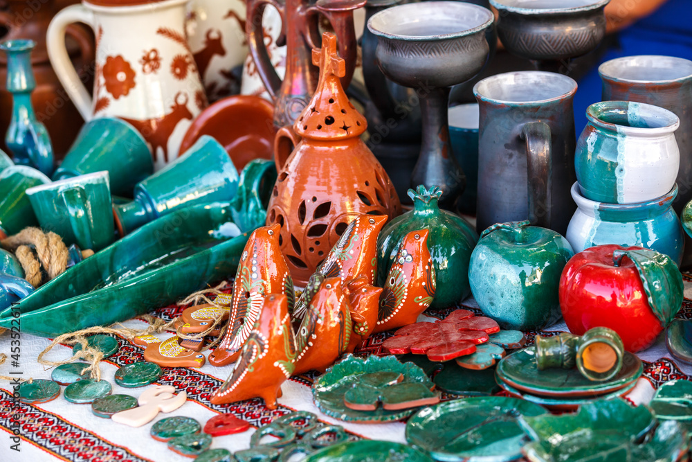Ukrainian pottery. Pottery museum in Ukrainian village Oposhnya, center ...