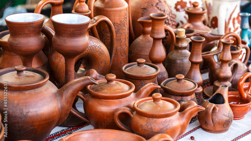 Ukrainian pottery. Pottery museum in Ukrainian village Oposhnya, center ...