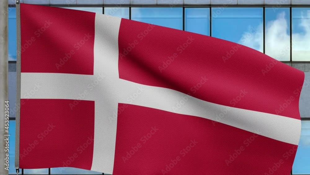 3D, Danish flag waving on wind with modern skyscraper city. Denmark ...