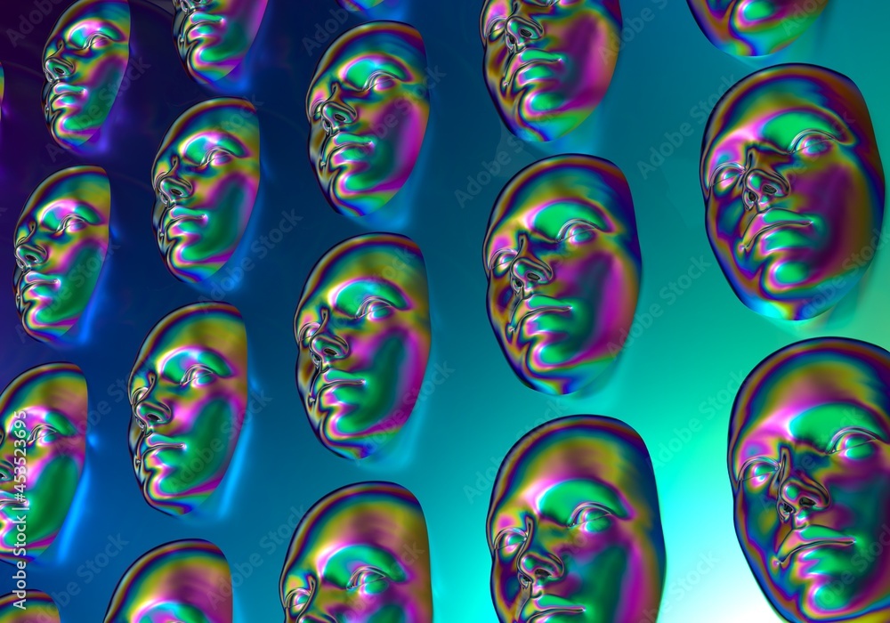 Surreal 3d illustration of multiple faces in a wall. Concept of AI and ...