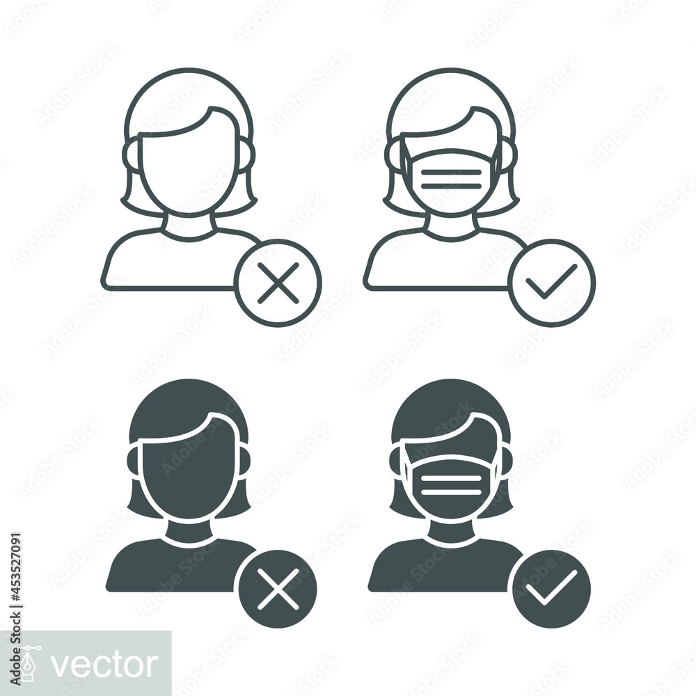Woman without and wearing mask icon for coronavirus Precautions. Face ...