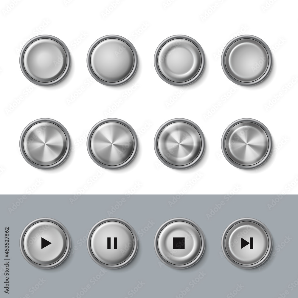 Collection of High-Detailed Metallic Media Buttons. Round Template User ...