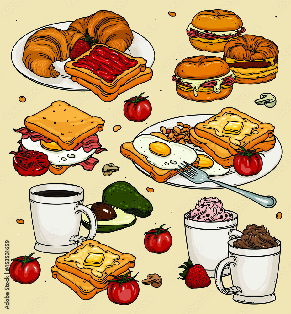 Classic breakfast cartoon set with bacon, fried eggs, toasts, egg and ...