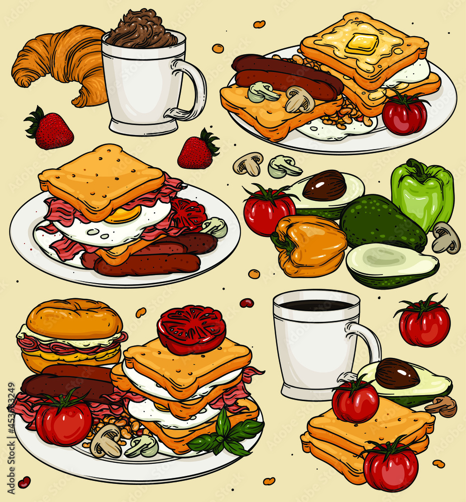 Classic breakfast cartoon set with bacon, fried eggs, toasts, egg and ...