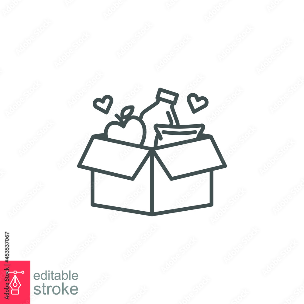 Food donations linear icon, pantry, food bank meal charity line ...