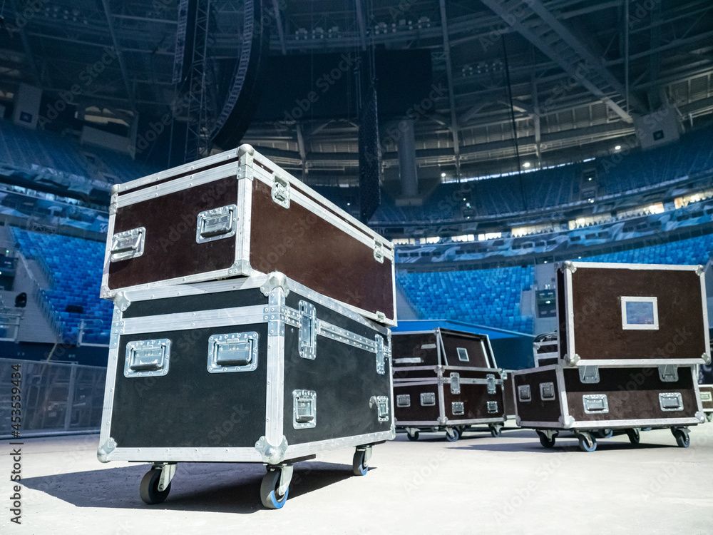 Musical equipment. Cases on wheels for musical equipment. Black cases ...