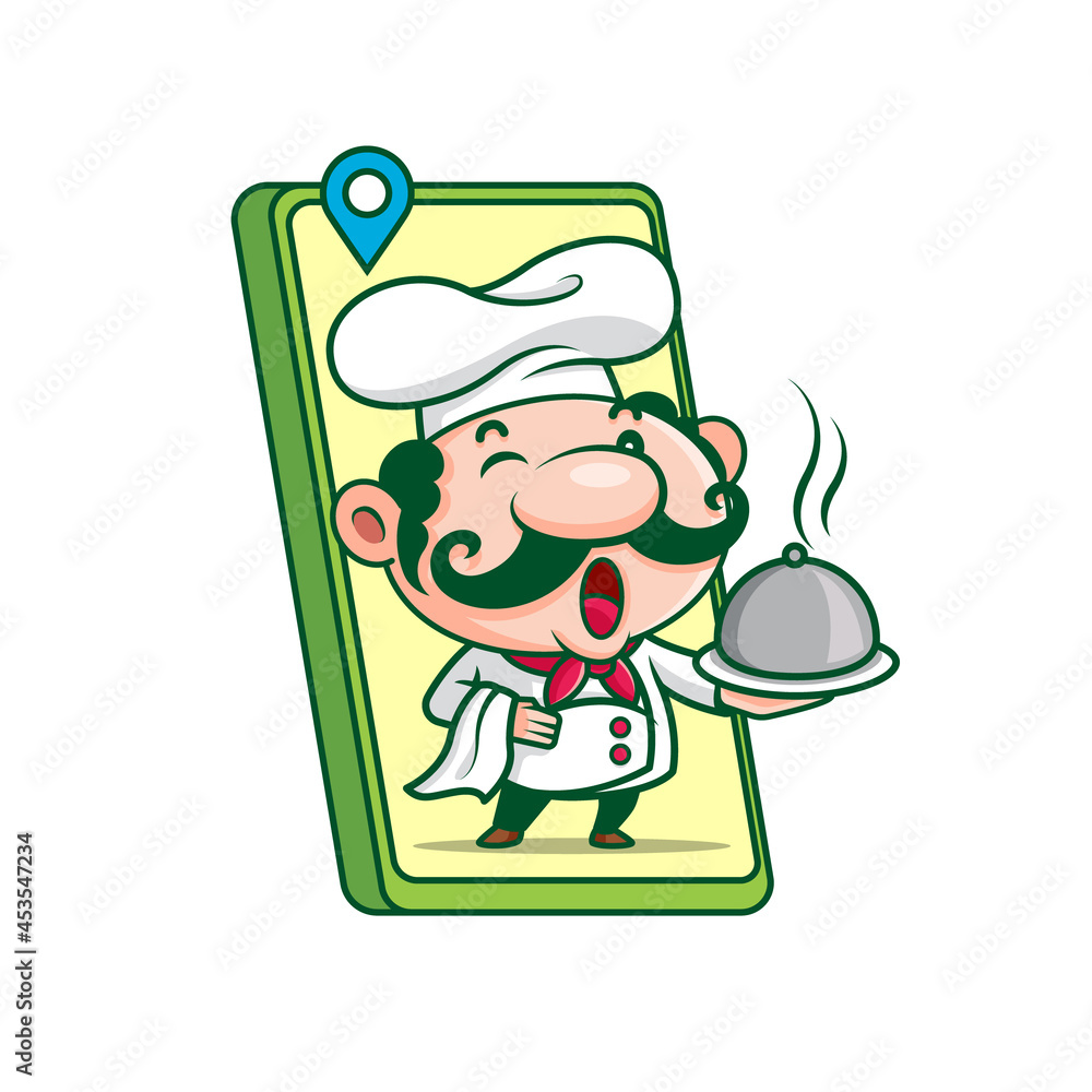 Cartoon big moustache chef serving food from smartphone for online ...