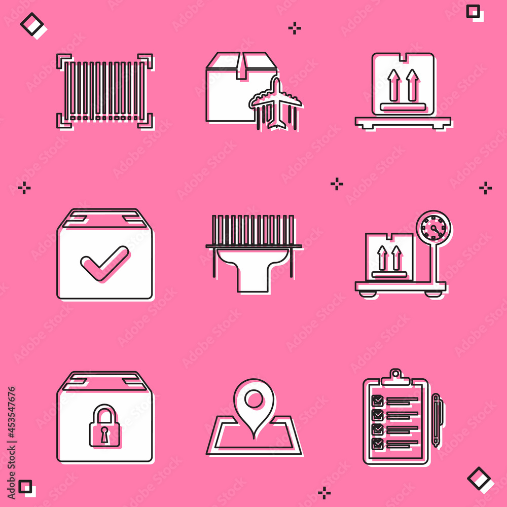 Set Barcode, Plane and cardboard box, Cardboard boxes on pallet, Package with check mark ...