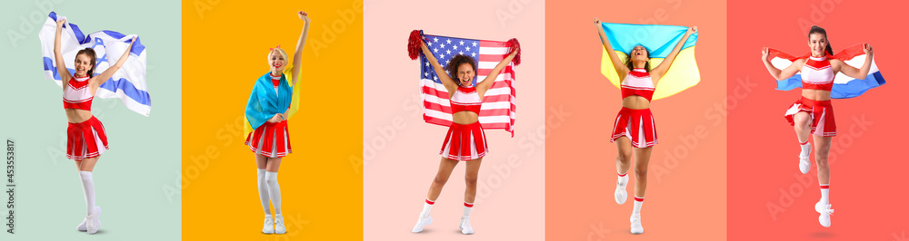 Beautiful cheerleaders with different flags on color background Stock ...