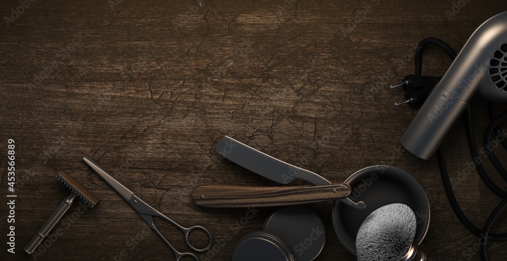 Vintage barber shop tools on wood background with place for text. 3d ...