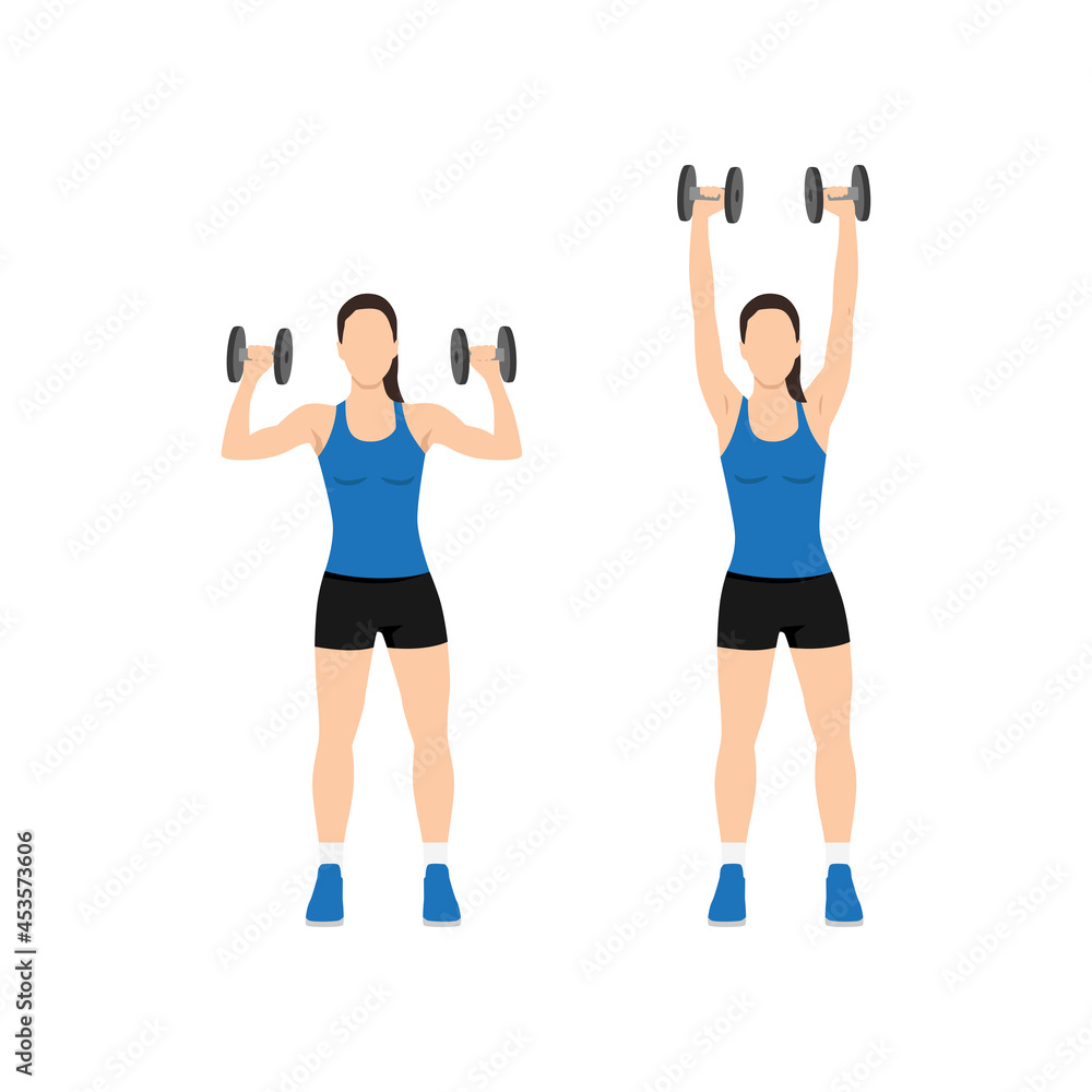 Woman doing Dumbbell overhead shoulder press exercise. Flat vector ...