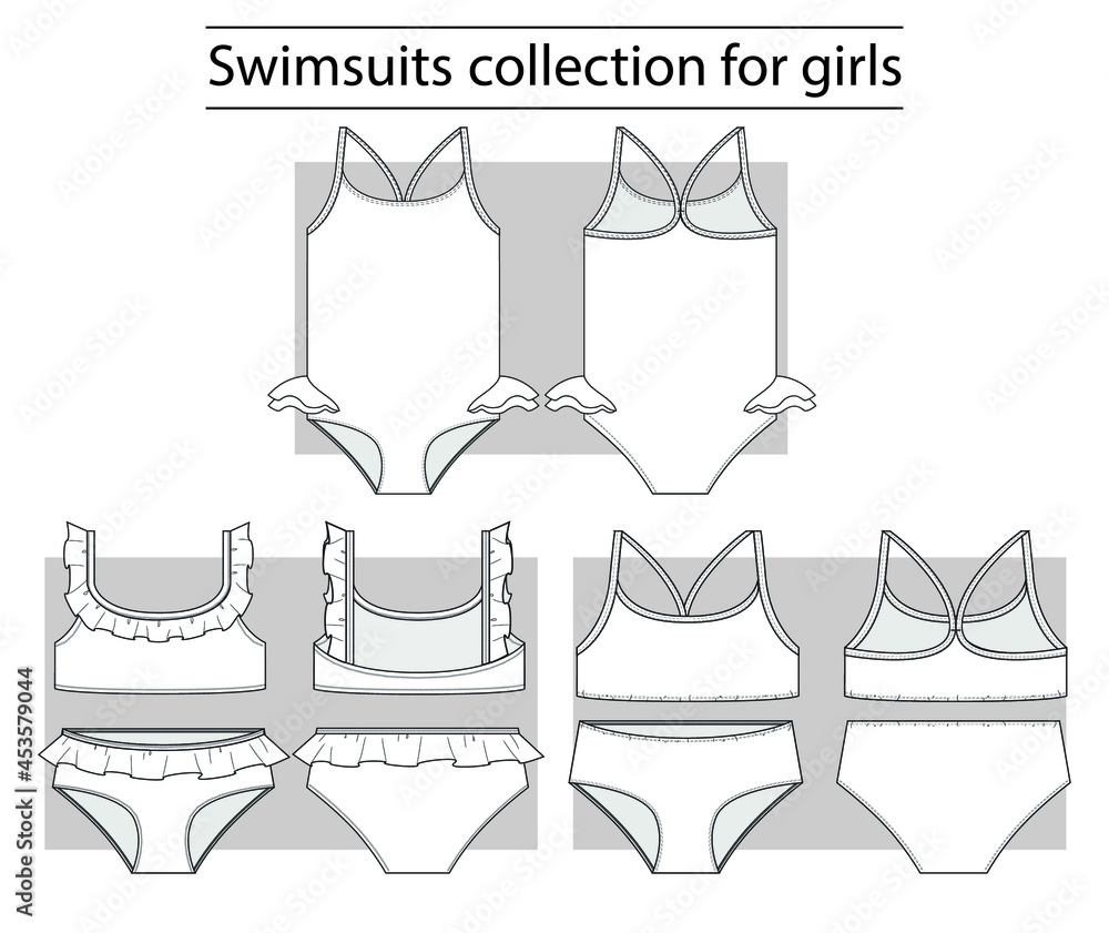 Swimsuits collection basic set of technical sketches for girls Stock ...