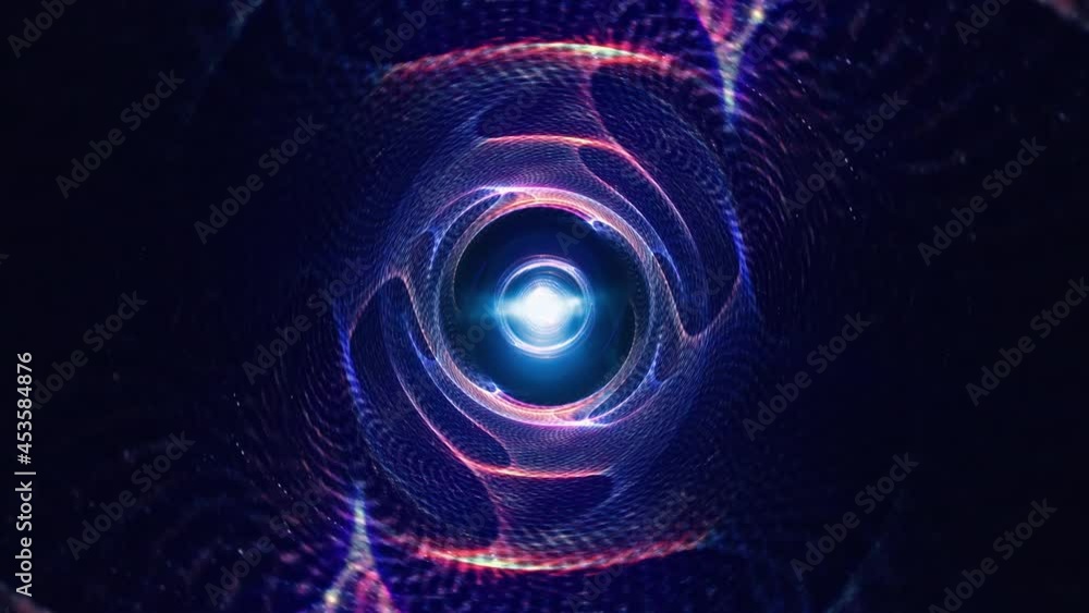 Abstract radiating glow red blue wire mesh vortex tunnel with center ...