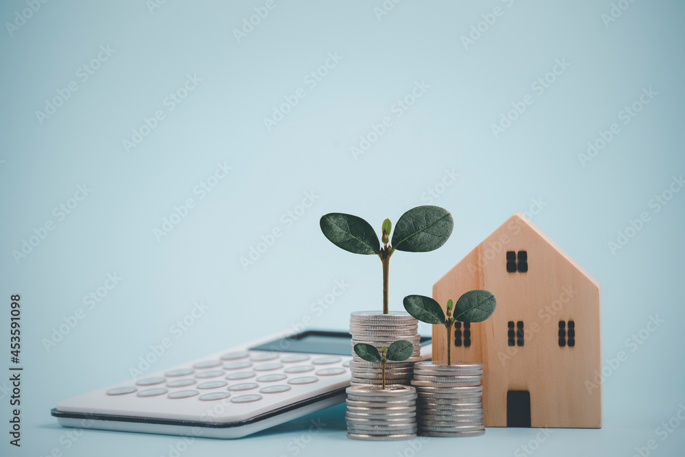Foto Stock Coins stack and leaf with line graph business connect on ...
