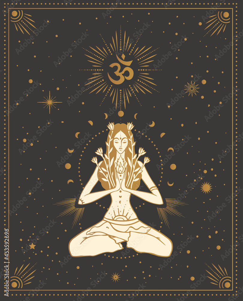 girl in lotus pose with the omm sign, with chakras among the stars ...