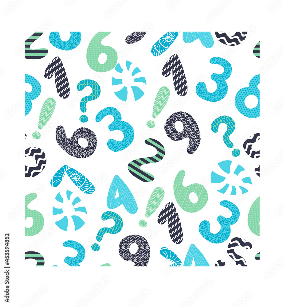seamless pattern abstract drawing, voluminous numbers, question and ...