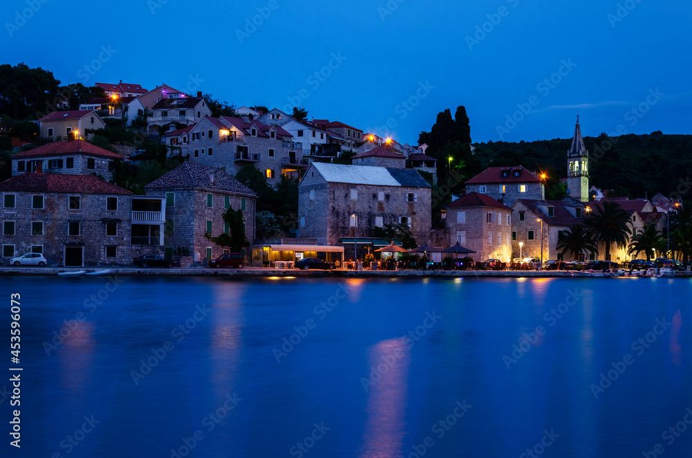 Picturesque Splitska village by night. Splitska is situated on the ...