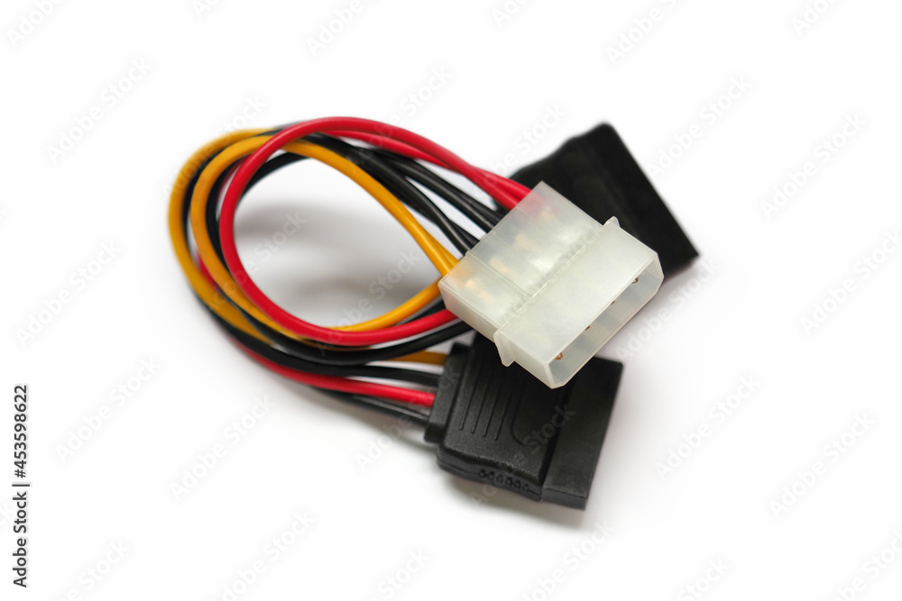 SATA power adapter. 4 pin molex socket to 2 sata adapter cable on white ...