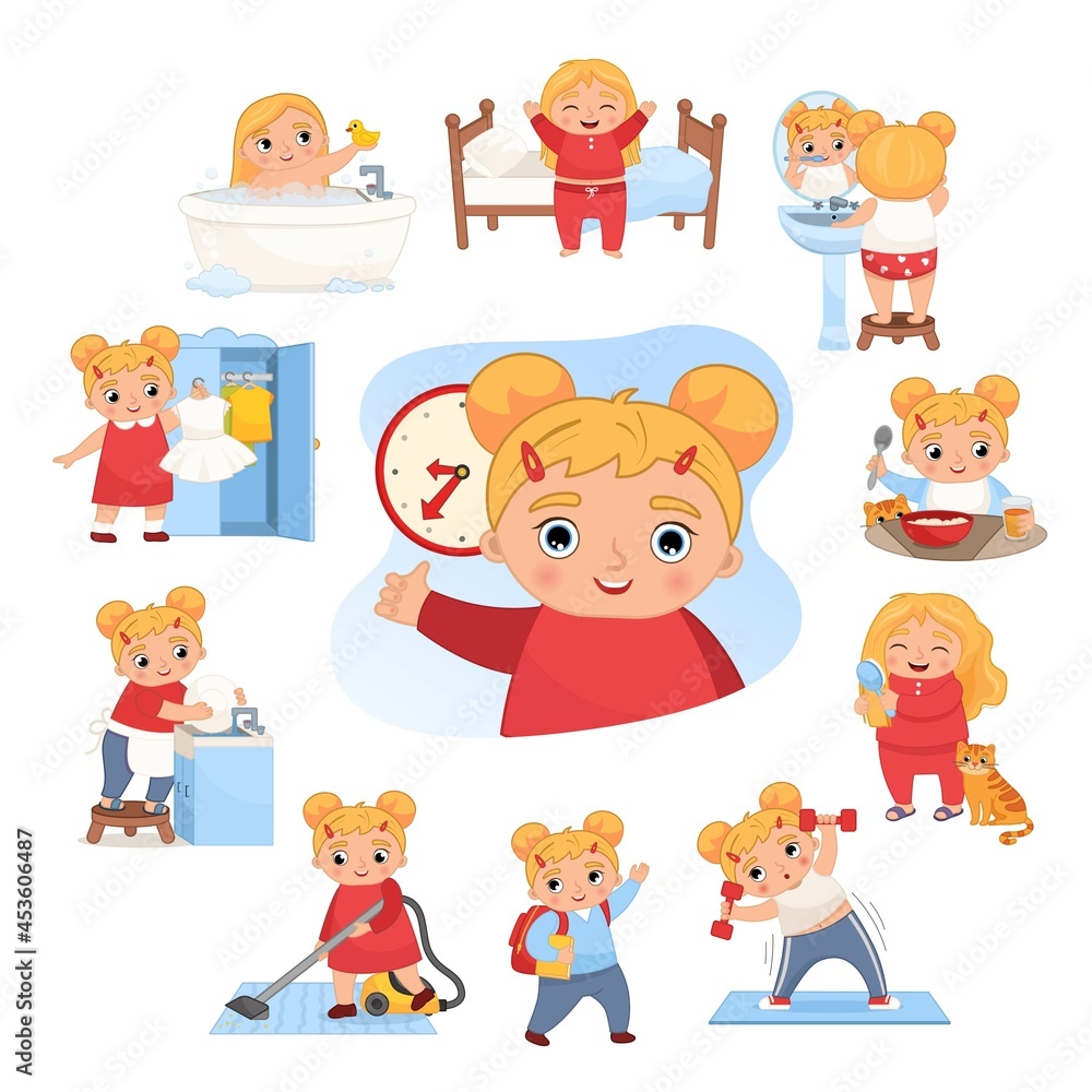 Vector illustration daily activities routine. Cute little cartoon girl ...