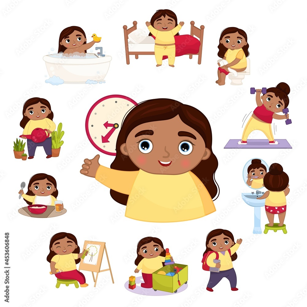Vector illustration daily activities routine. Cute little cartoon ...