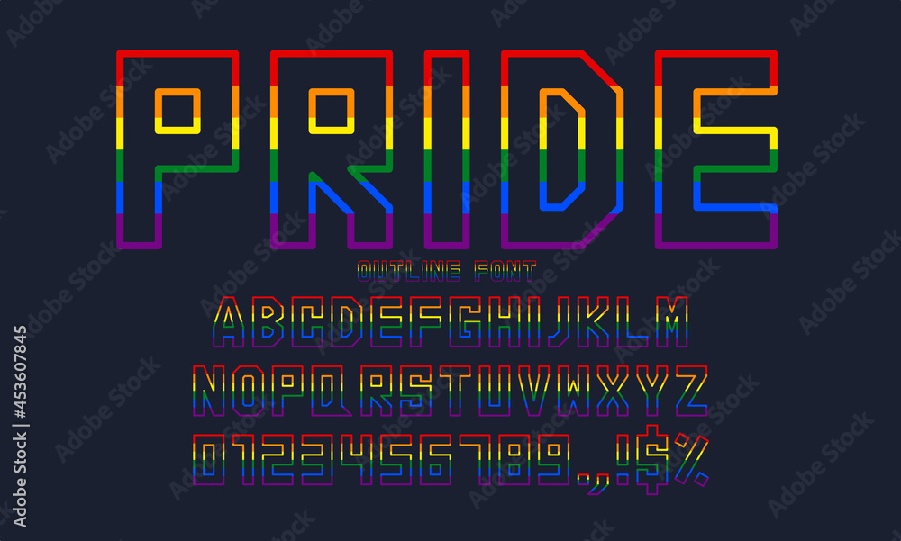 LGBTQ+ rainbow colors pride outline font design. alphabet letters ...