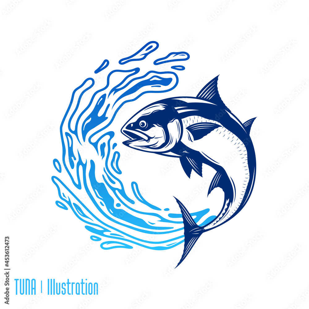 Vector jumping tuna fish illustration with water splashes Stock Vector ...