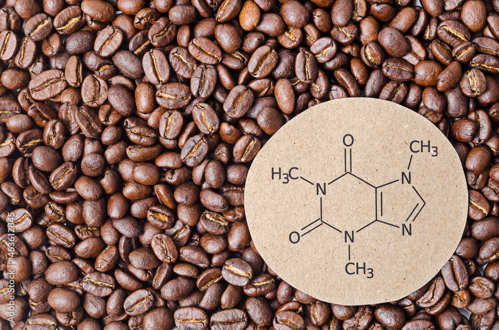 Structural chemical formula of caffeine molecule with roasted coffee ...
